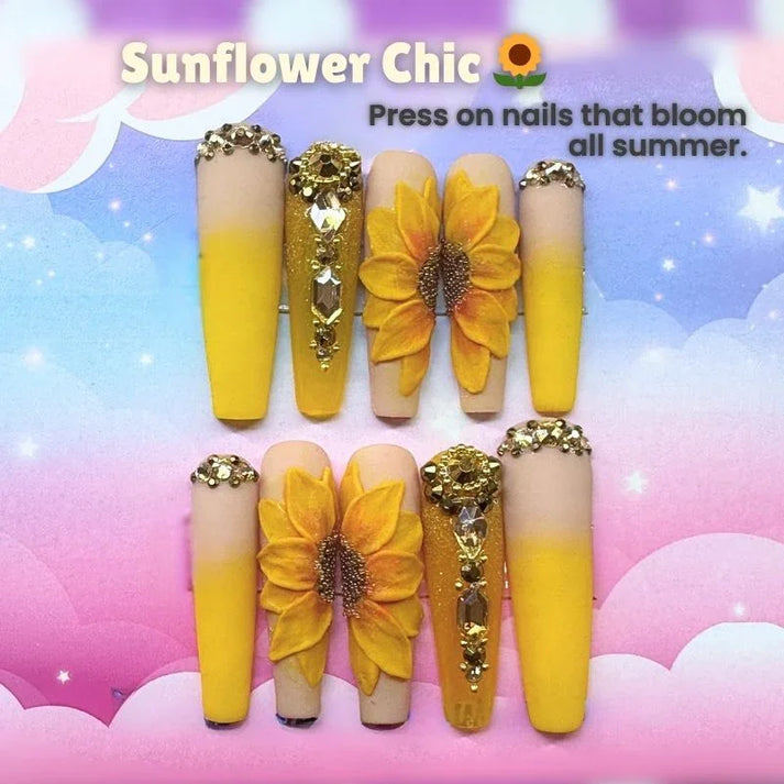 Sun-Kissed 3D Sunflower Press On Nails | Handcrafted & Reusable – Nail ...