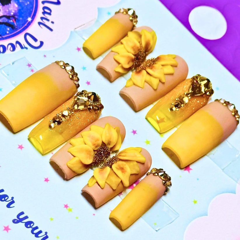 Sun-Kissed 3D Sunflower Press On Nails | Handcrafted & Reusable – Nail ...