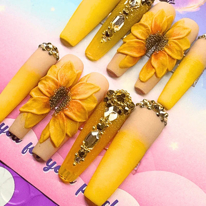 Sun-Kissed 3D Sunflower Press On Nails | Handcrafted & Reusable – Nail ...